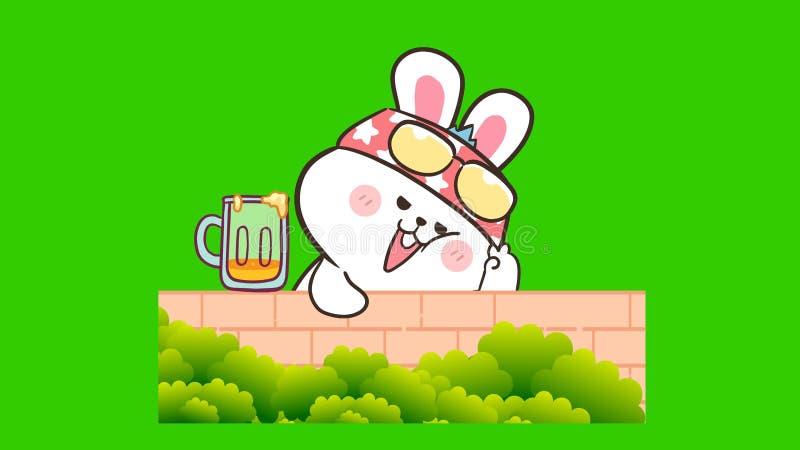 Tipsy White Rabbit Cartoon on Green Screen for Easy Compositing Stock ...