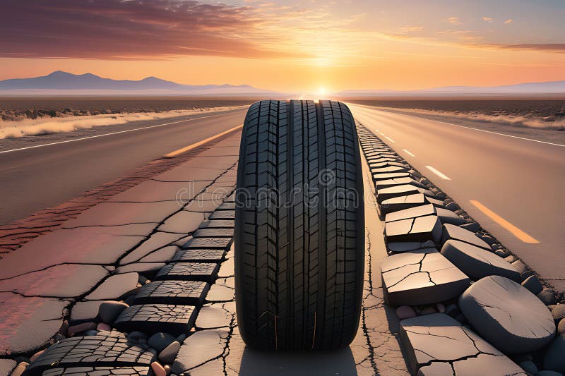 Tire Abandoned on a Desolate Highway - Positioned Upright with Its ...