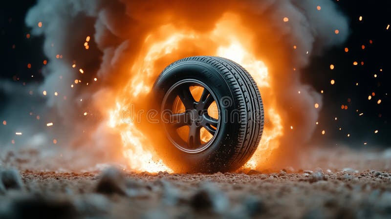 Tire on Fire Creates Vibrant Flames and Sparks in a Dark Setting Stock ...