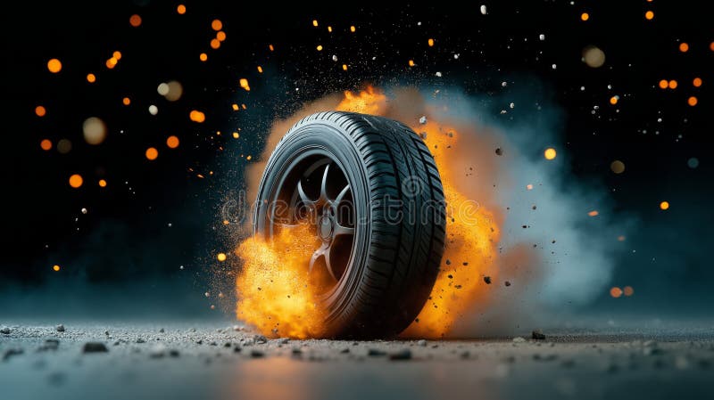 Tire on Fire Creates Vibrant Flames and Sparks in a Dark Setting Stock ...