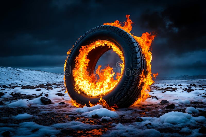 A Tire on Fire in the Middle of a Snowy Field Stock Image - Image of ...