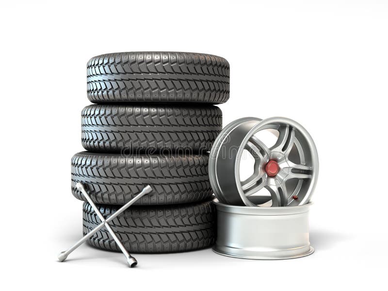 Concept of Tire Service. Wheels, Rims , Brake Pads and Discs Stock ...
