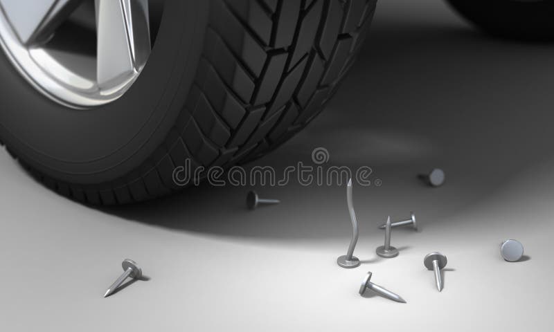 Car Wheel and Nails on Road Stock Illustration - Illustration of road ...