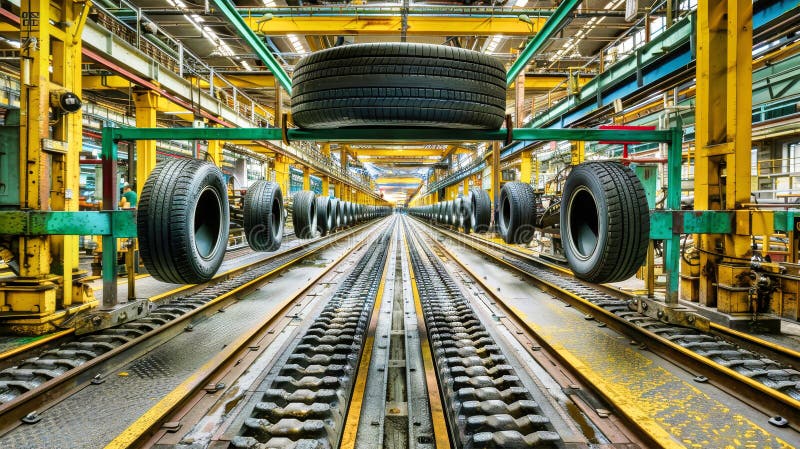 A Tire Production Line with Oversized Tires Suspended Above the ... A Tire Production Line with Oversized Tires Suspended Above the ...