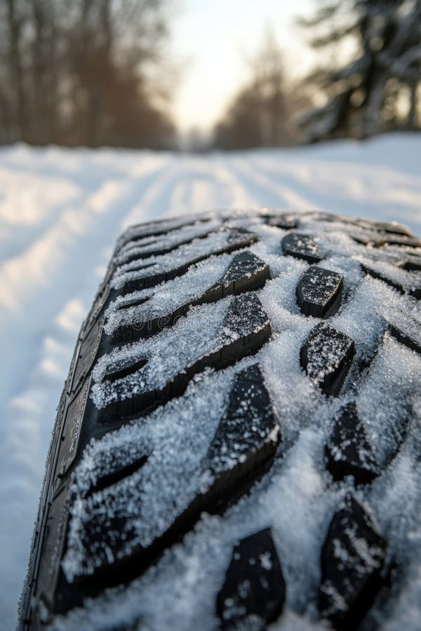 A Tire Rests on a Snowy Road, Surrounded by Trees, As the Sun Sets in ...
