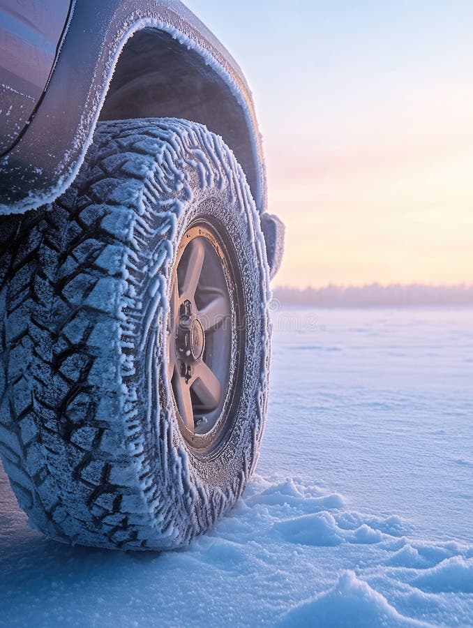 A Tire with Snow on it is Shown in Front of a Snowy Landscape Stock ...