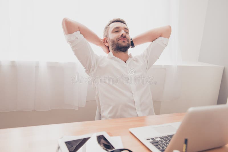 Tired Bearded Worker Having Break and Resting after Work Stock Photo ...