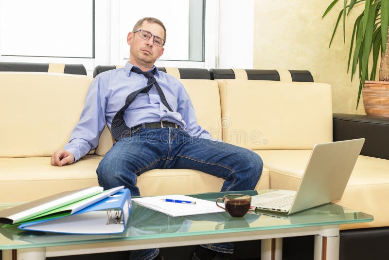 Tired Boss Businessman after Hard Work Leaned Back on the Back of the ...