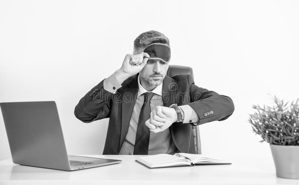 Tired Boss Check Time in Sleep Mask at Workplace Stock Photo - Image of ...