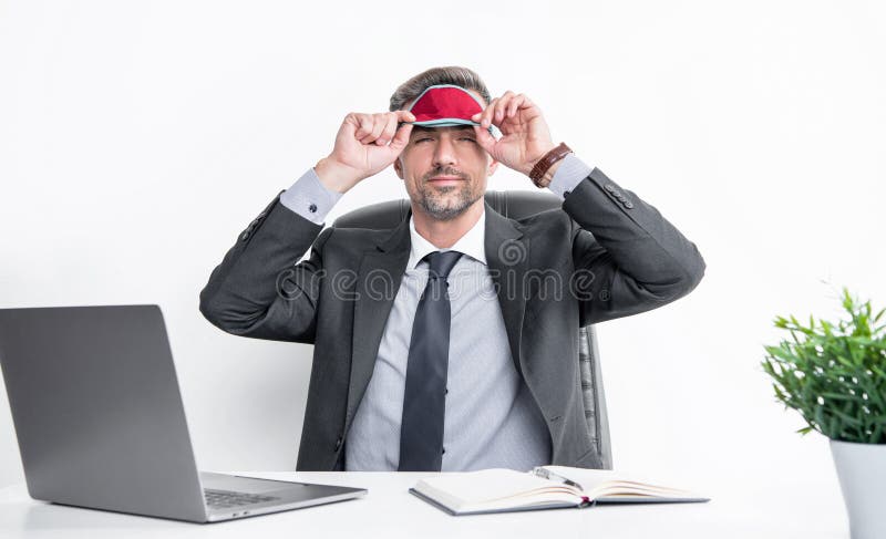 Tired Boss Need a Break Wearing Sleep Mask at Workplace Stock Image ...