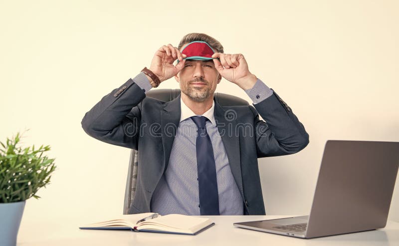Tired Boss Need a Break Wearing Sleep Mask at Workplace Stock Photo ...