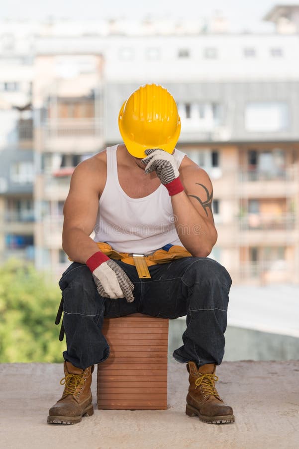 Tired Builder Resting on Brick Stock Photo - Image of company, manager ...