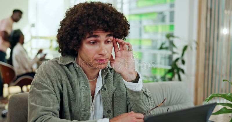 Tired, Burnout and Laptop with Man in Study Hall for Learning, Online ...