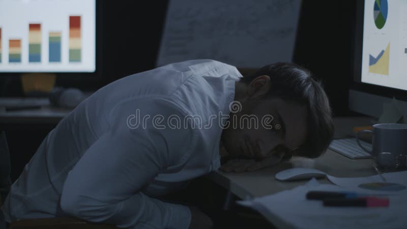Tired Business Man Sleeping on Desk Front Computer Screen in Night ...