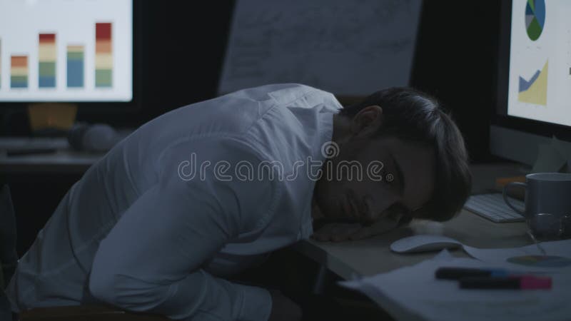Tired Business Man Sleeping on Desk Front Computer Screen in Night ...