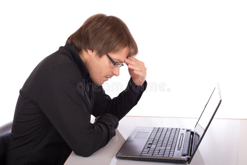 Weird Shocked and Surprised Geek Man in Nerd Glasses Working on Laptop ...