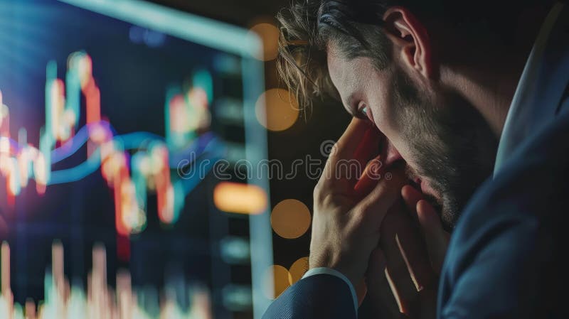 A Tired Businessman Looks at a Computer Screen with a Chart of Data. he ...