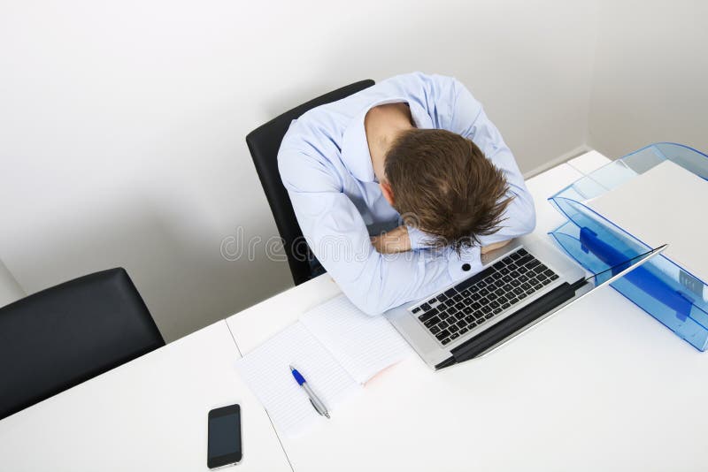 Tired Businessman Sleeping on Laptop at Desk in Office Stock Image ...