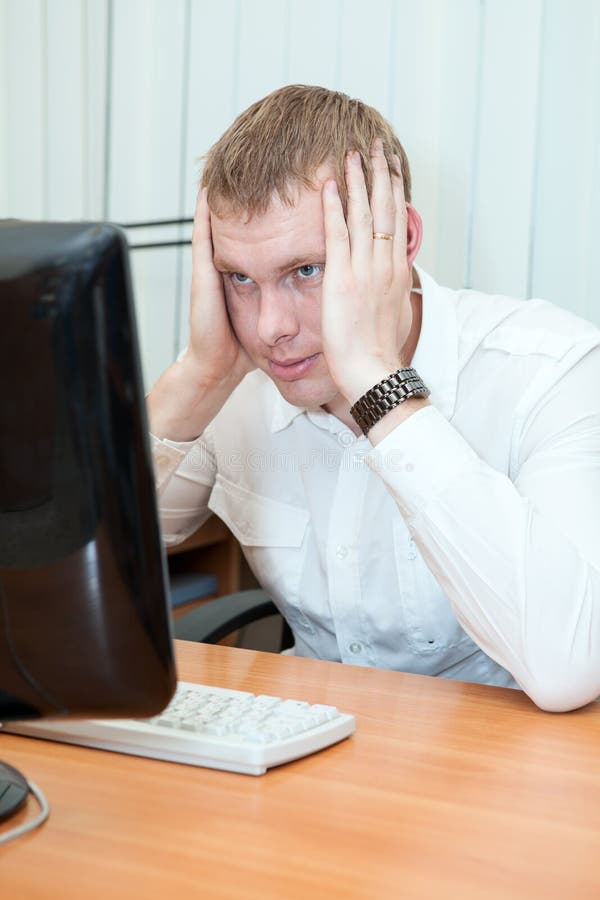 Tired Businessman Working on Computer at Office Stock Image - Image of ...