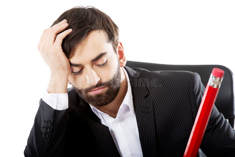 Tired Businessman Writing in the Office Stock Image - Image of desk ...