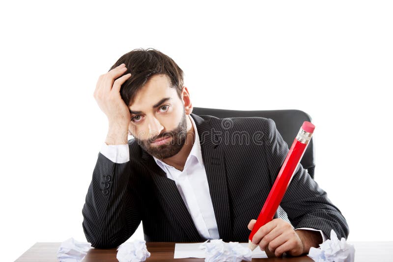 Tired Businessman Writing in the Office Stock Image - Image of hand ...