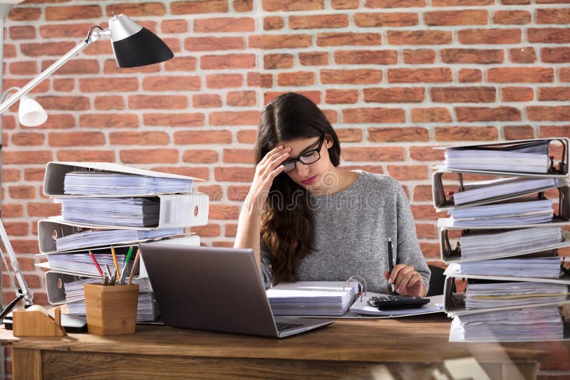 Tired Businesswoman Working at Office Stock Photo - Image of accounting ...