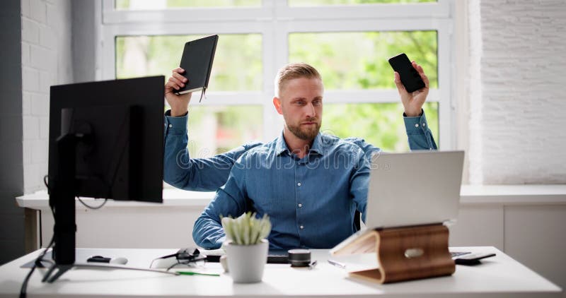 Tired Busy Worker Multitasking Stock Photo - Image of male, working ...