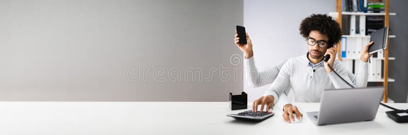 Tired Busy Worker Multitasking Stock Image - Image of happy, black ...
