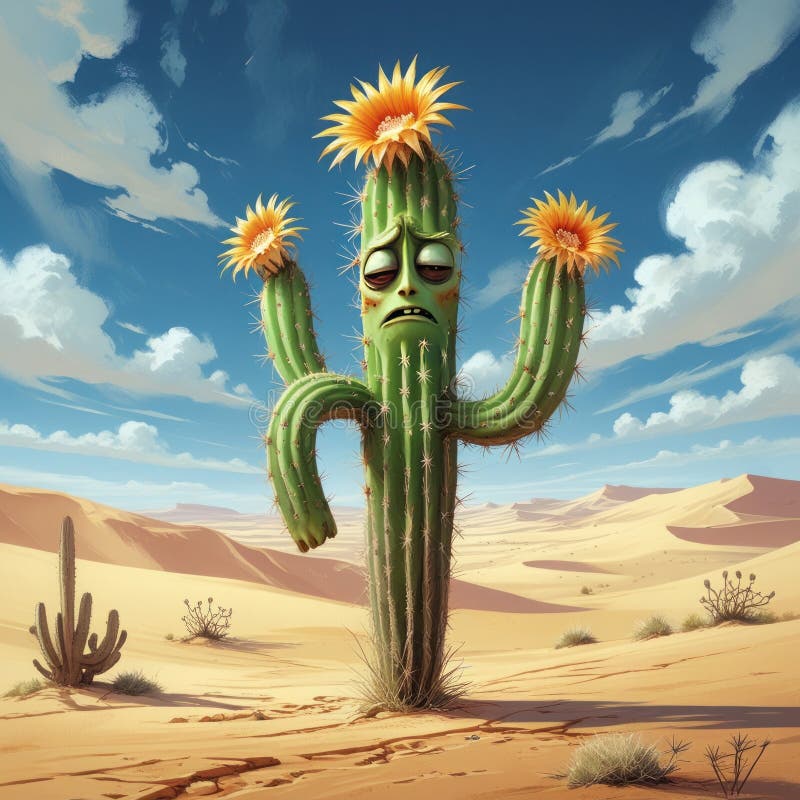 A Tired Cactus with a Face and Flowers. Stock Photo - Image of animated ...