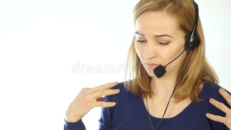 Tired Call Center Representative Talking on Helpline, Headset ... Tired Call Center Representative Talking on Helpline, Headset ...