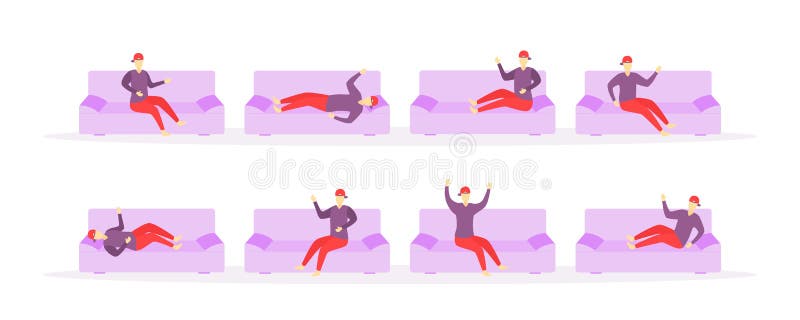 Tired Characters People Resting Sitting on a Bed or Sofa. Stock ...