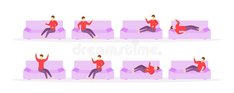 Tired Characters People Resting Sitting on a Bed or Sofa. Stock ...