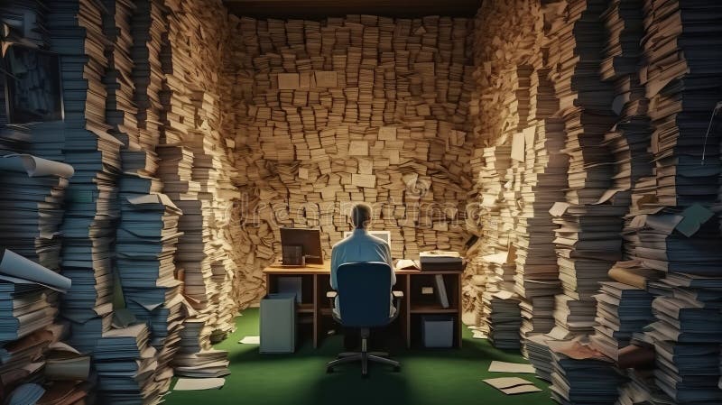 Tired Clerk Behind Wall of Paperwork Back View. Generative AI. Stock ...