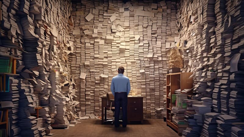 Tired Clerk Behind Wall of Paperwork Back View. Generative AI. Stock ...