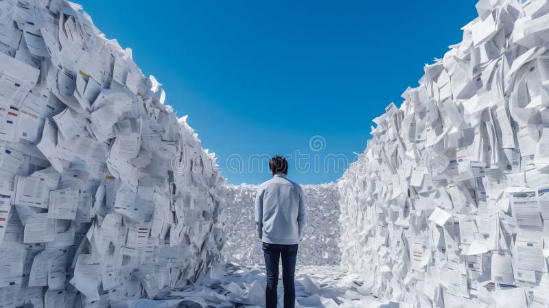 Tired Clerk Behind Wall of Paperwork Back View. Generative AI. Stock ...