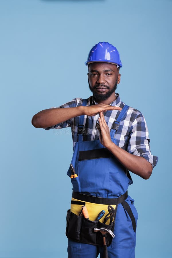 Tired Construction Worker Announcing Time-out Symbol Stock Photo ...