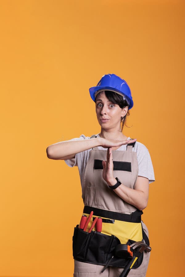 Tired Construction Worker Expressing Timeout Sign Stock Photo - Image ...