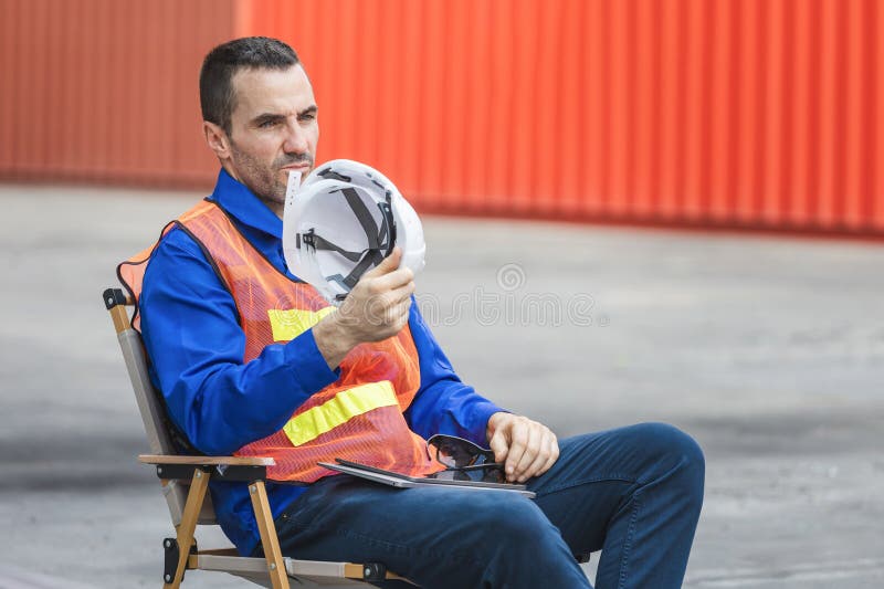 Tired Construction Worker Man Taking a Break, Foreman Dock Worker ...