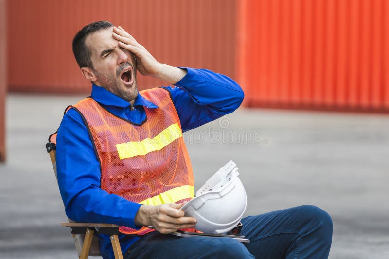 Tired Worker Man, Foreman Dock Worker in Industry Containers Cargo ...