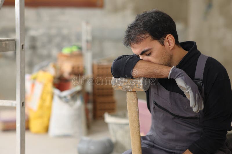 Tired Construction Worker Resting Leaning on Hammer Stock Image - Image ...