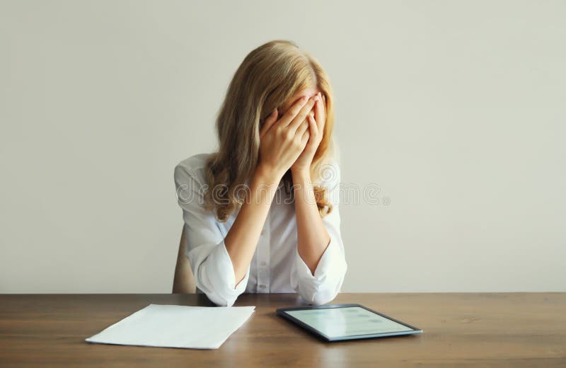 Tired Crying Overworked Woman Employee with Headache while Working with ...