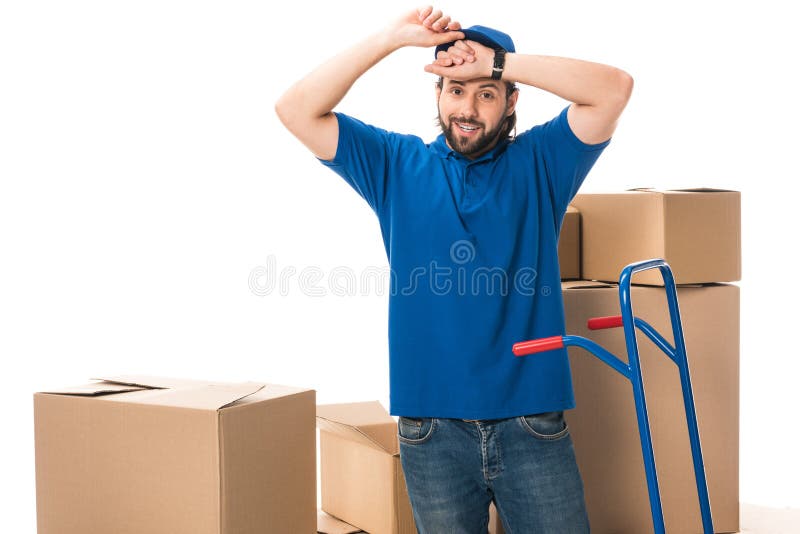 Tired Delivery Man Wiping Sweat and Smiling at Camera Stock Photo ...