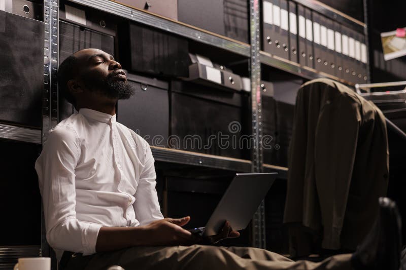 Tired Detective Sitting on Floor Thinking about Crime Solving Stock ...