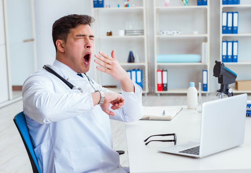 Tired Doctor after Night Shift Stock Image - Image of computer ...