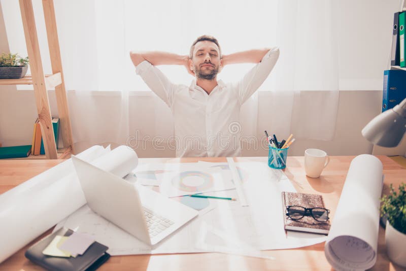 Tired Engineer Resting after End of Long Working Day Stock Image ...