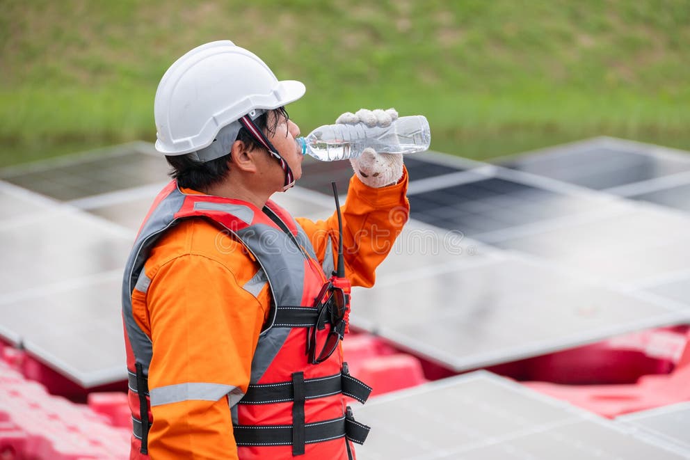 Tired Engineer Worker Man Drinking Water Control Operate Floating Solar ...