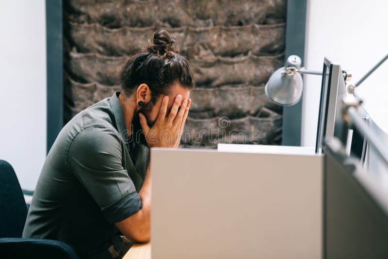 Tired Exhausted Man, Office Worker, Manager or Freelancer, Working in ...