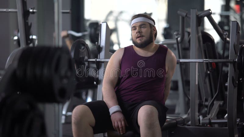 Tired Fat Man Having Rest after Workout Exercise, Strength of Muscles ...