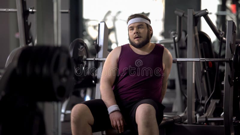 Tired Fat Man Having Rest after Workout Exercise, Strength of Muscles ...