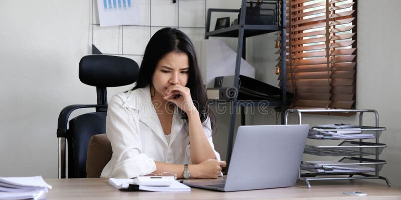 Tired Female Employee Holding Head on Hand, Looking at Computer Screen ...